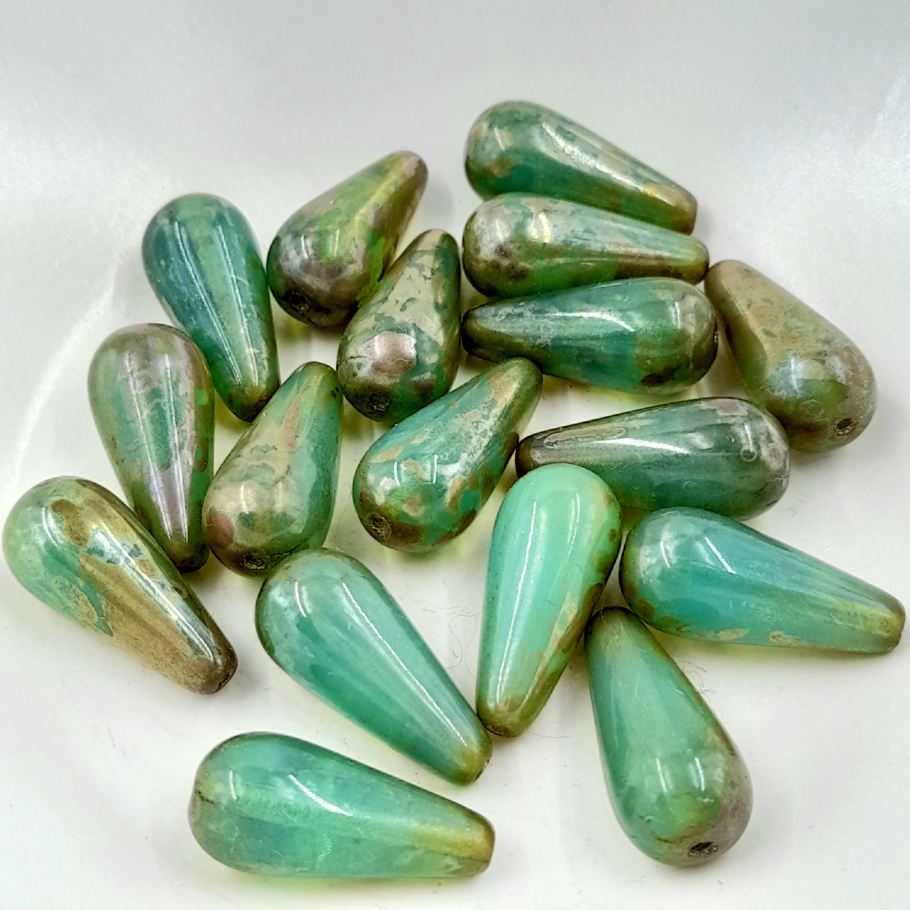 Czech Glass 9x20mm Teardrop Blue Green With Picasso Finish | Beadazzle NZ